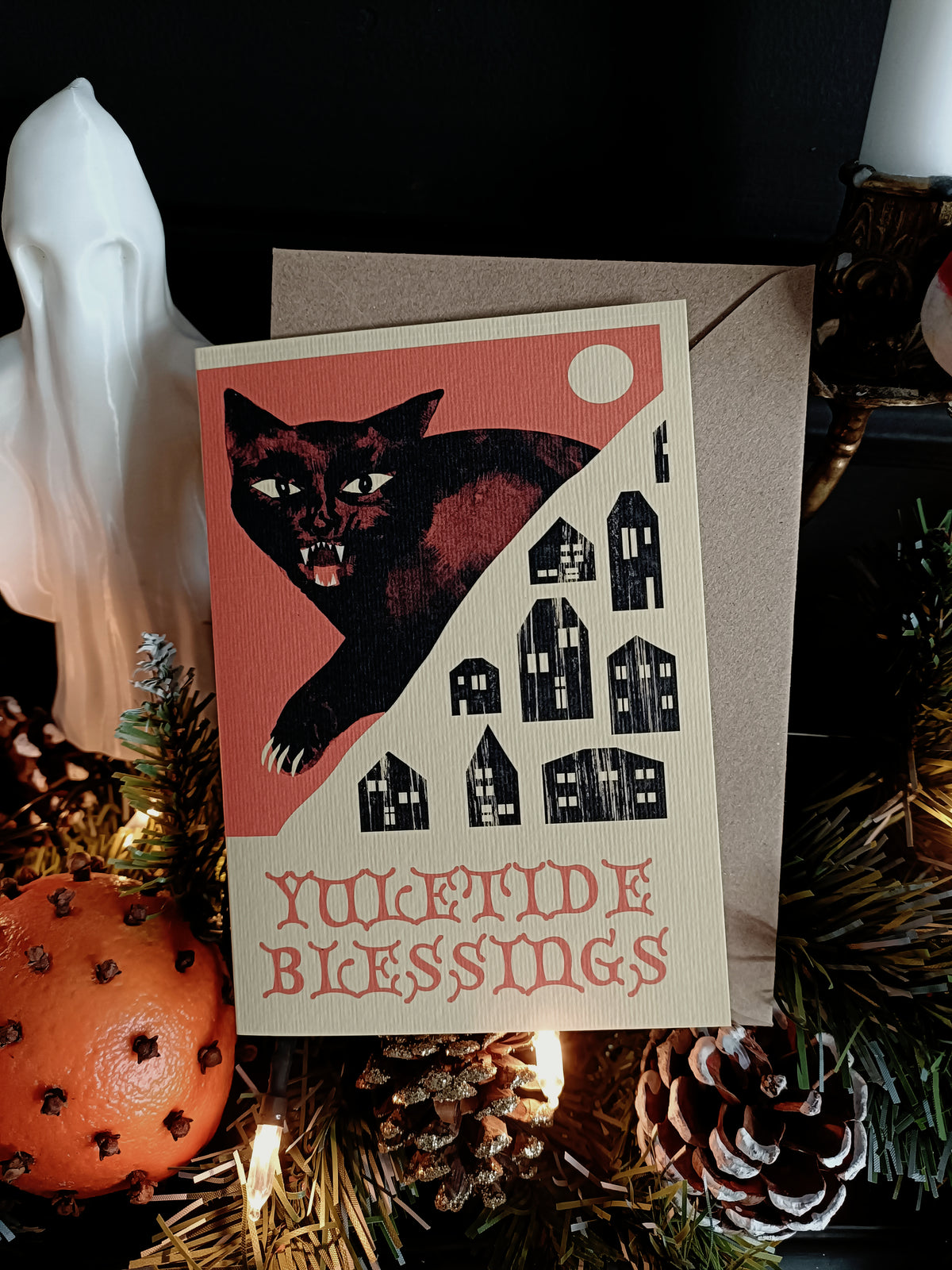 Yuletide Blessings (Yule Cat) Greetings Card – Wolf Wytch